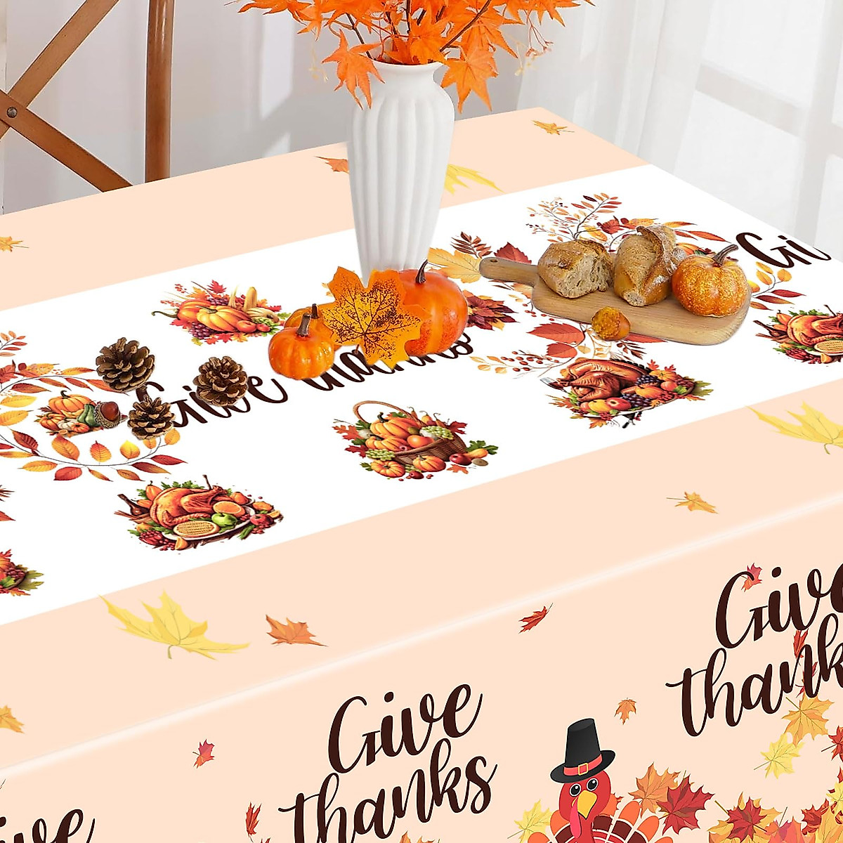 Fecedy Happy Thanksgiving Hanging Extra Large Fabric Sign Poster Background Banner with Pumpkin Maple Leaves Turkey Pattern for Thanksgiving Day Autumn Harvest Decorations 43.3"x70.8"