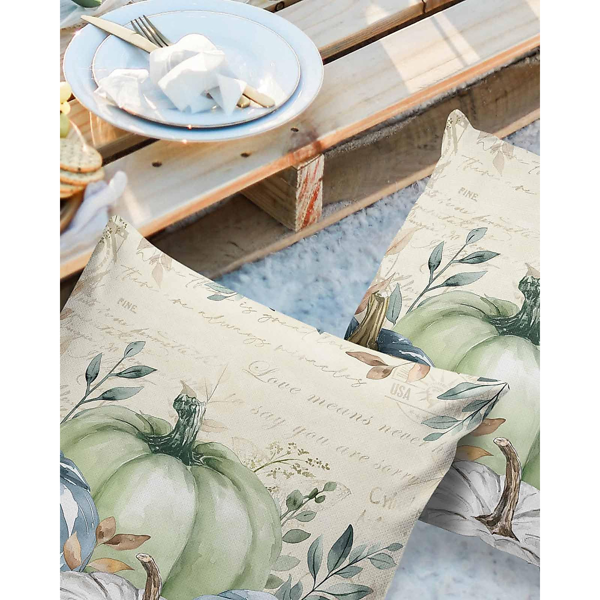 MUSWEDSEP Outdoor Pillow Covers Pack of 2,Fall Thanksgiving Pumpkin Green Blue Farm Plants Waterproof Throw Pillow Cover Decorative Cushion Case for Patio Garden Couch Sofa,Retro Letter Pillowcase