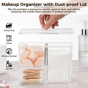 Varku Cotton Pad Holder, 3 in 1 Clear Makeup Organizer, Q Tips Holder, Cotton Swab Holder, Makeup Pad Box, Cosmetic Storage Case for Bathroom Bedroom, 6.97 x 4.33 x 5.55 inches