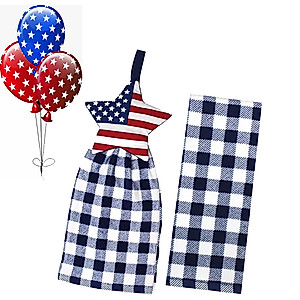 Celebrate Patriotic Kitchen Towels, Set of 2 Coordinating Cotton Terry Dishtowels, Red, White, Blue Flag Star Tie Top and Blue White Buffalo Plaid for 4th of July, Memorial or Labor Day