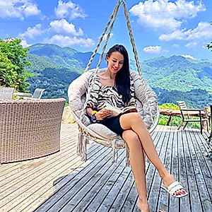 Hammock Chair with Cushion, Handmade Macrame Swing Chair with Hanging Hardware Kits, Bohemian Style Cotton Rope, Hanging Chair for Indoor Outdoor, Bedroom, Living Room, Patio -330lbs Capacity