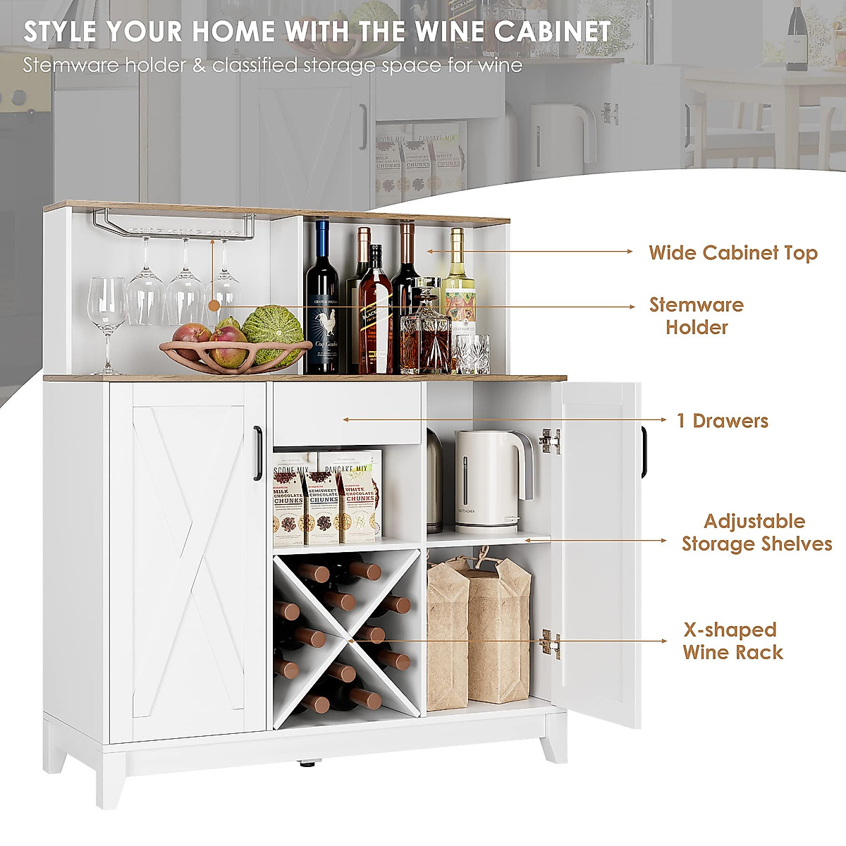 HOSTACK Modern Farmhouse Coffee Bar Cabinet, Barn Doors Wine Liquor Bar Cabinet with Storage Hutch, Kitchen Sideboard Buffet with Drawer | Shelves | Wine & Glass Rack for Home Office, White