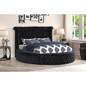 First of a Kind Circle Velvet Tufted upholstered Platform Storage Bed, Circle Bed with Button Tufting and Storage Compartments in Rails and Footboard, Circle Bed Frame (Black, Queen)