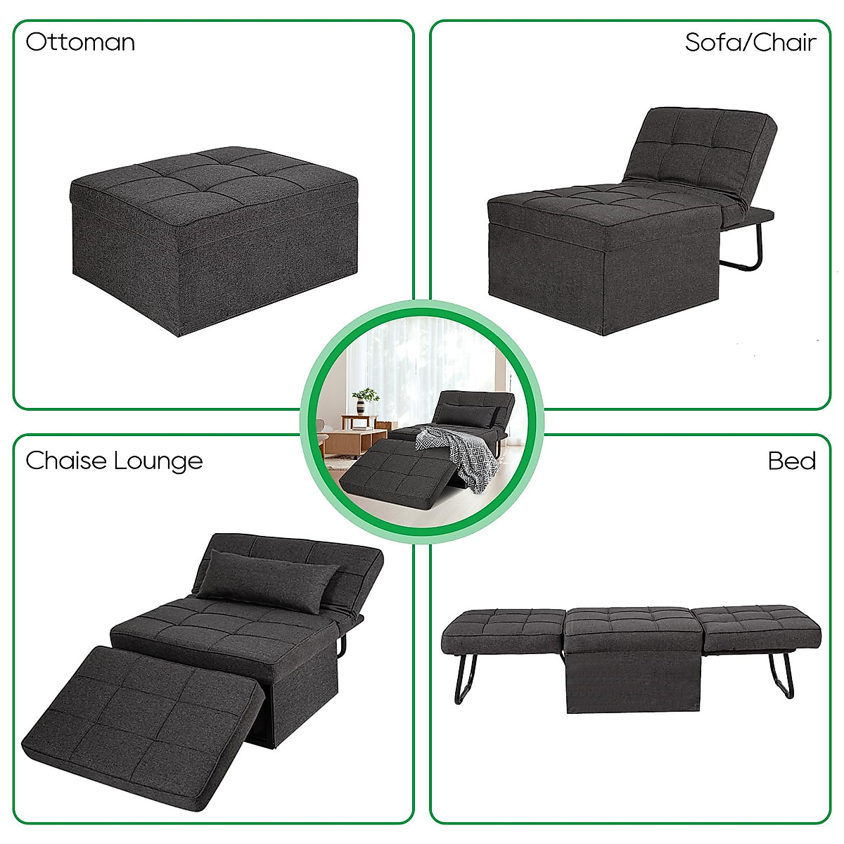 PORWEY Sleeper Chair Bed, 4-in-1 Convertible Futon Ottoman bed Sleeper, Foldable Sofa Couch with Adjustable Backrest for Guest Room/Office Living Room, No Assembly Required, 36” Width,Gray