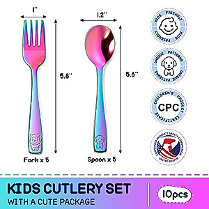 10 Pack Toddler Utensils, Stainless Steel Rainbow Silverware Set for Kids, Children Safe Cutlery Set Includes Forks and Spoons - Dishwasher Safe
