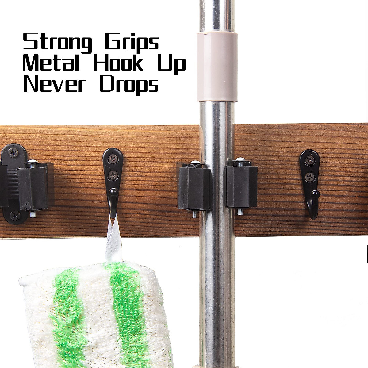 2 Pack Mop and Broom Holder Wall Mount Solid Wood Broom Rack Wall Mount 4 Positions 3 Hooks for Home, Kitchen, Garden, Tools, Garage Organizing, Cleaning Supplies Organizer Indoor Outdoor