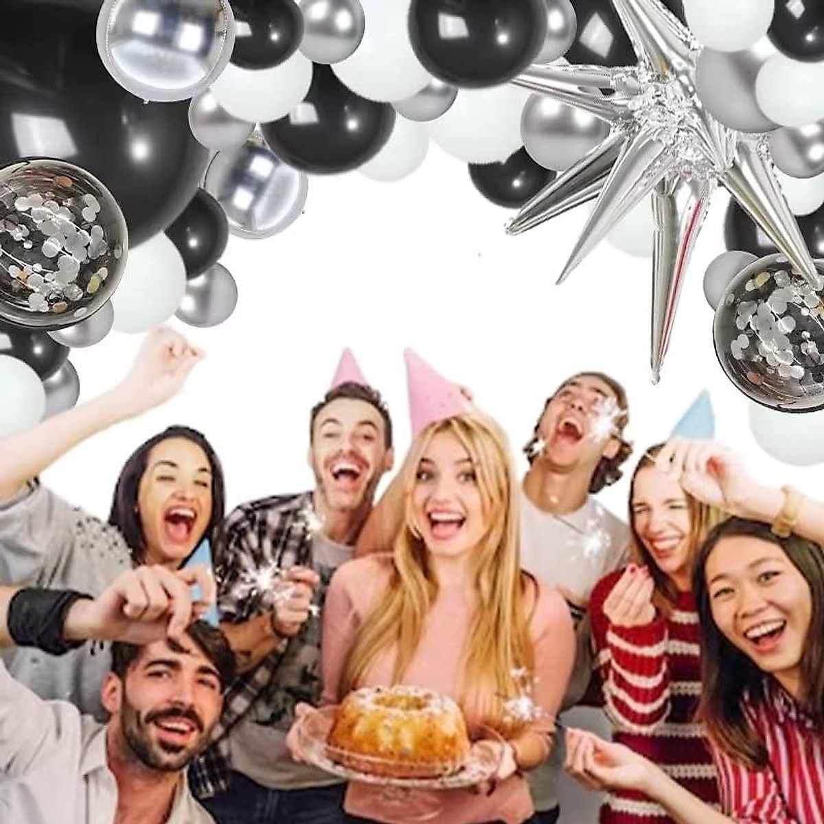 LyzzGlobo Starburst Black and White Balloon Garland Kit, Silver and Confetti Aluminum Film Balloons Arch Kit for Birthday Wedding Anniversary Party Supplies