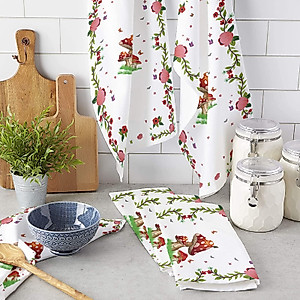 Dish Towels for Kitchen,Hand Towel Cleaning Cloths Country Forest Mushroom Absorbent Fast Drying Dish Rags,Flower Green Leaf Branch Frame Bathroom Cloth Set of 2 with Hanging Loop