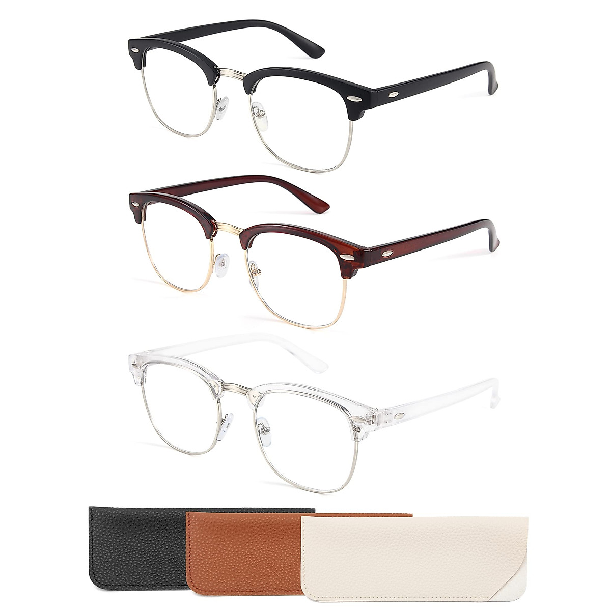 CCVOO 3 Pack Reading Glasses Blue Light Blocking, Retro Semi Rimless Readers for Men Women, Round Eyewear Filter UV400