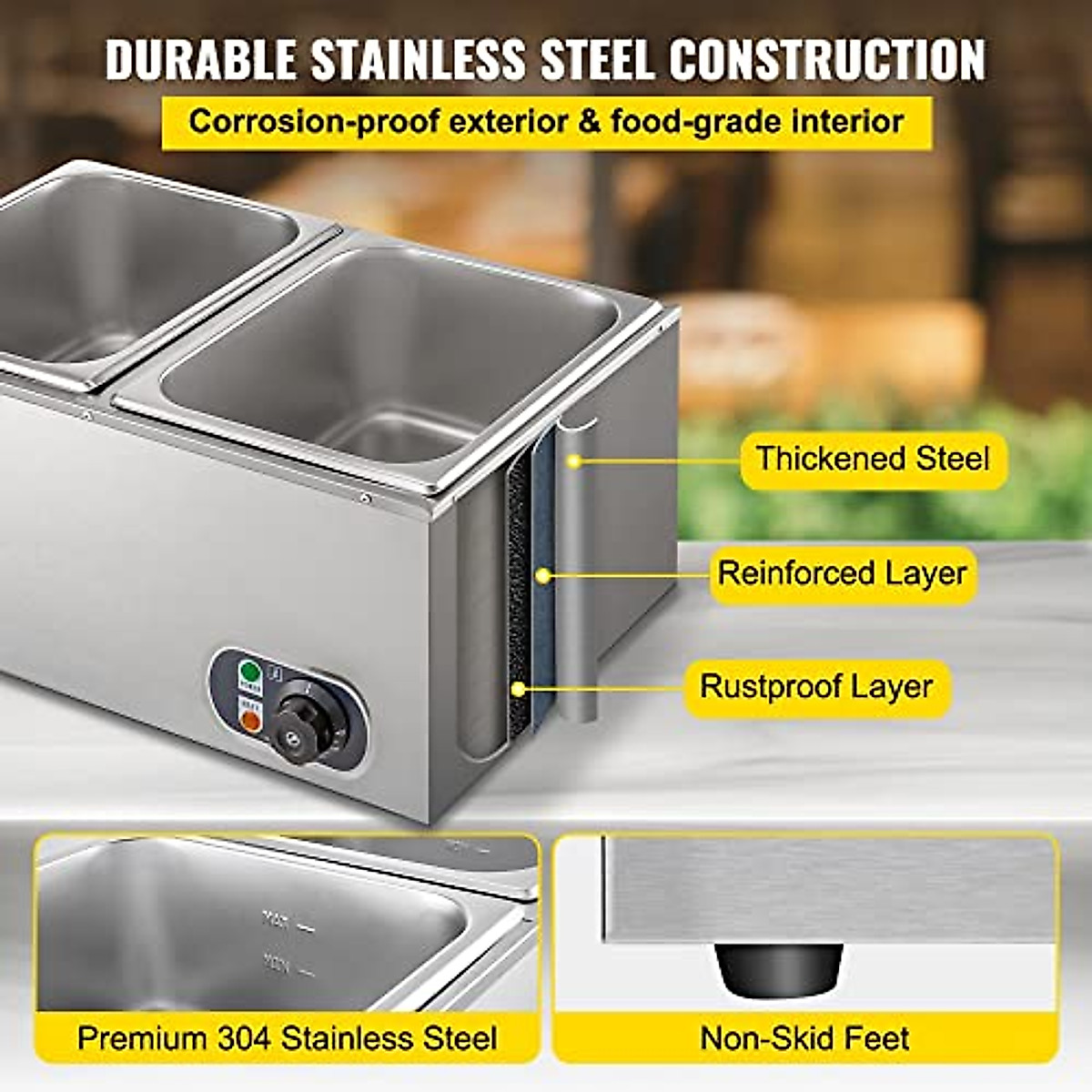 Commercial Food Warmer 850W Electric Steam Table 17 Qt Bain Marie - Stainless Steel for Buffet Catering