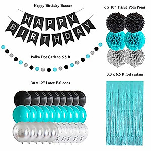 ANSOMO Black Teal Blue and Silver Happy Birthday Party Decorations Turquoise Aqua Balloons Décor Supplies Men Women Boys Girls 1st 2nd 3rd 16th 20th 25th 30th 35th 40th 45th 50th 60th 70th