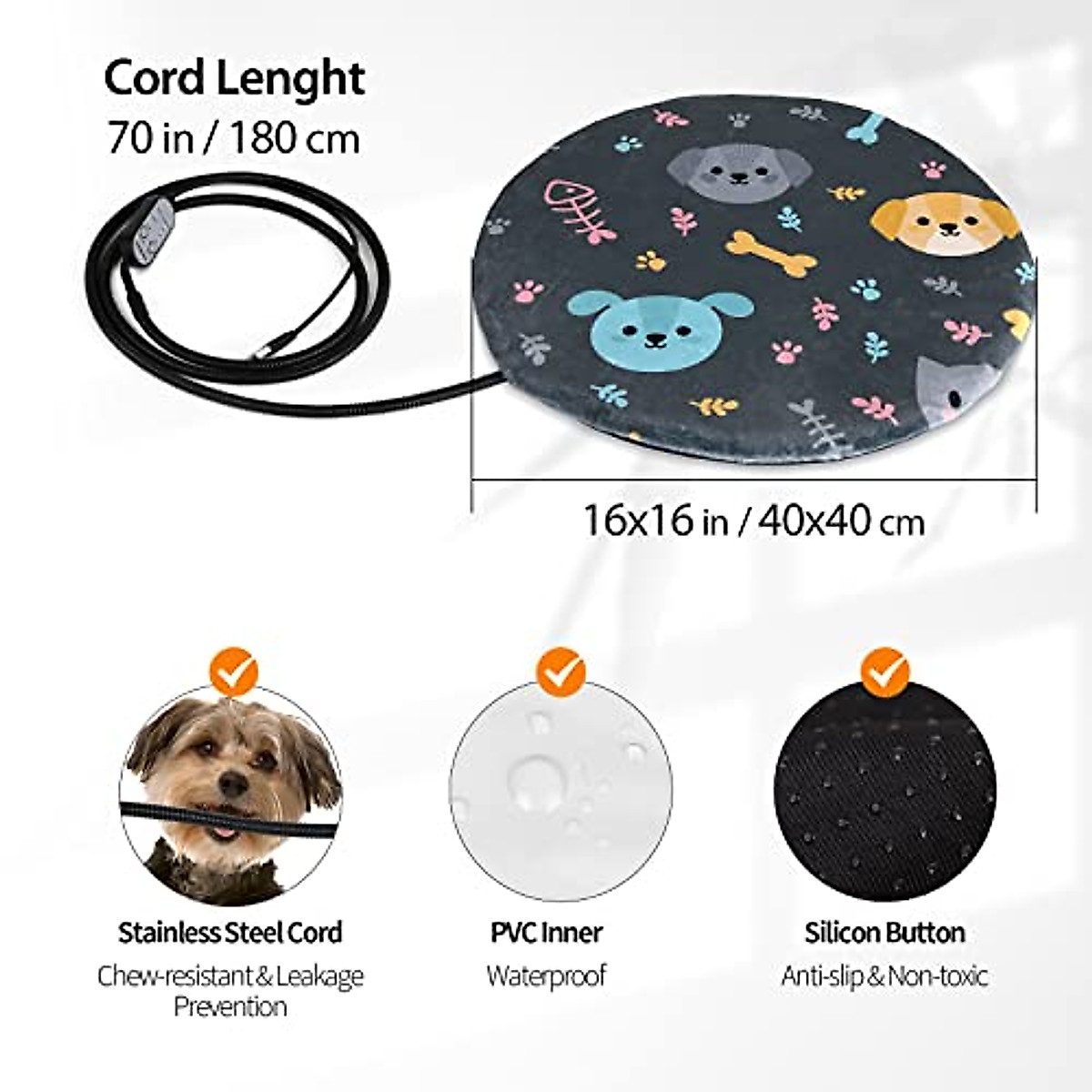 comfheat Dog Bed Mat Warming Pad, Dogs Anti-Anxiety Puppy Cushion Warm Pad for Indoor Outdoor Pets with Removable Cover Non-Slip Bottom Washable Round Heating Waterproof Pads (16'' X 16'')