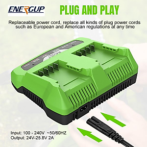 energup 2Pack 24V 3.5Ah Replacement Greenworks 24V Lithium Battery 29842 29852 29322 BAG709 BAG710 20352 22232 2508302 for Greenworks 2X24V + 2Port 29862 Charger for G-24 Greenworks 24V Battery