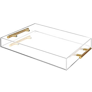 11x14 Clear Acrylic Tray with Gold Handle,Rectangular Acrylic Decorative Tray for Home Decor,Party,Ottoman,Makeup,Spill-Proof Acrylic Serving Tray for Food,Breakfast,Coffee