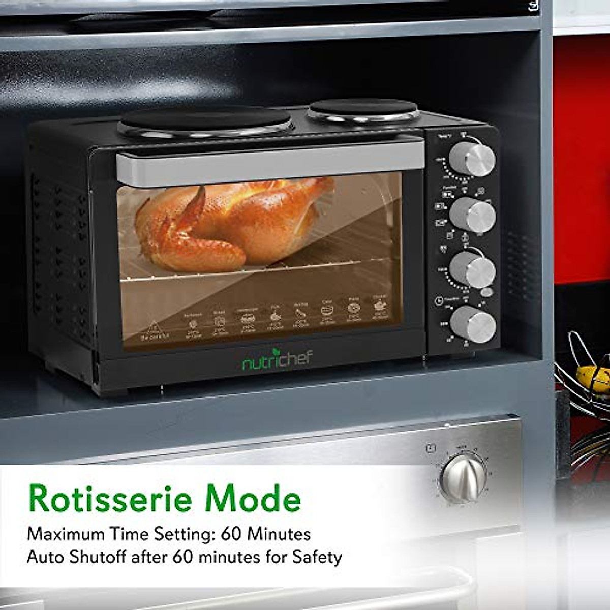 NutriChef 30 Quarts Kitchen Convection Oven - 1400 Watt Countertop Turbo, Rotisserie Roaster Cooker with Grill, Griddle Top Rack, Dual Hot Plates, Toaster, Baking Tray, Skewers and Handles - PKRTO28