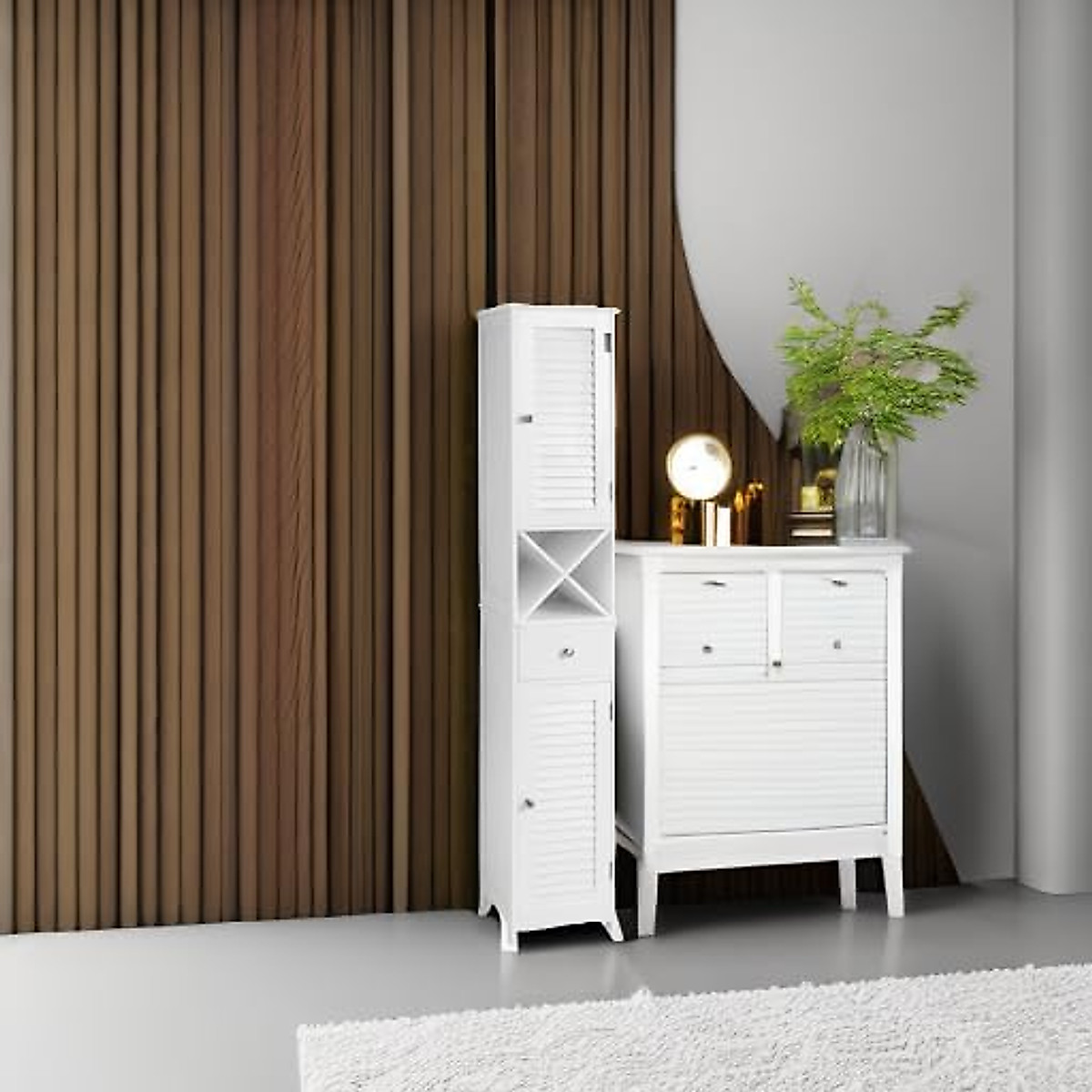 VASAGLE Bathroom Tall Cabinet, Freestanding Storage Cabinet with Shutter Doors, Drawer, and Removable X-Shaped Stand, 11.8 x 12.6 x 66.9 Inches, Scandinavian Style, White UBBC69WT
