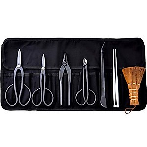 KAKURI Japanese Bonsai Tool Set 7 Pcs, Made in JAPAN, Professional Bonsai Kit (Satsuki Scissors, Long Handle Bonsai Scissors, Jin Pliers, Wire Cutter, Bonsai Tweezers, Root Hook, Broom, Bag)