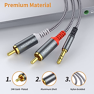 MCSPER RCA to 3.5mm AUX Cable, (6.6 Feet) 3.5 mm 1/8 to RCA 2-Male Headphone Jack Adapter Splitter Premium Stereo Audio Cord for Connects a Smartphone, Tablet, HDTV