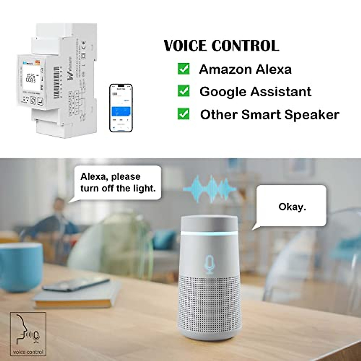 WAMARIN Smart Multifuctional Energy Meter 2 Wire Single Phase 80A, WIFI Electricity Usage Digital Monitor, Remote Control Current Voltage Protection, Compatible with Alexa Google Assistant, 2121