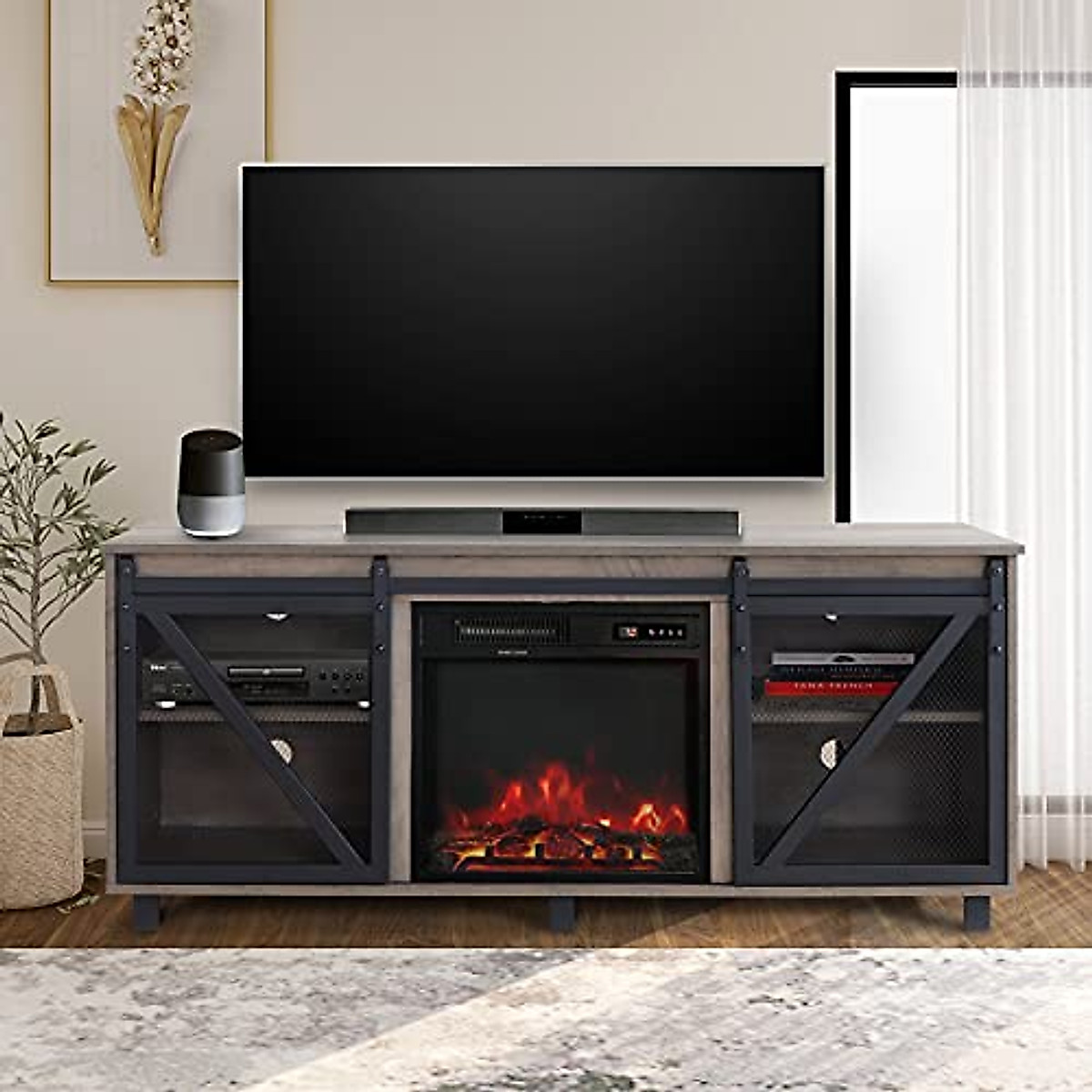 ENSTVER 58 Inch TV Stand Console W/Sliding Barn Door for TVs up to 65",with Fireplace and Remote Control,Grey(Log Set)