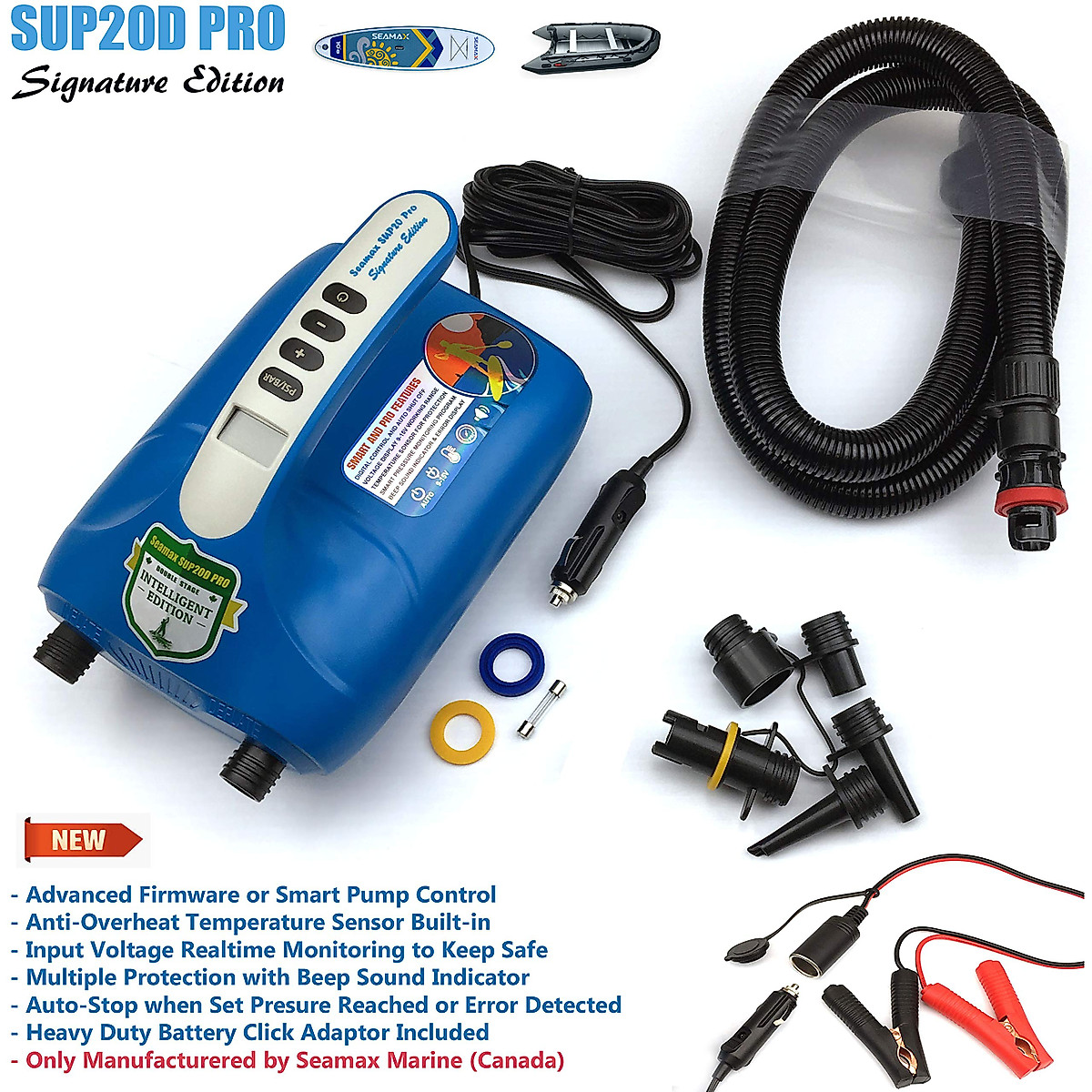 Seamax SUP20D 20PSI Double Stage Electric Air Pump for Inflatable SUP and Boat, New Version Intelligent Firmware with Built-in Temperature Sensor and Voltage Protection