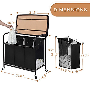STORAGE MANIAC 3-Section Laundry Sorter with Foldable Ironing Board, Heavy-Duty Rolling Laundry Cart with and Removable Bags, Triple Laundry Hamper with Wheels, Matte Black
