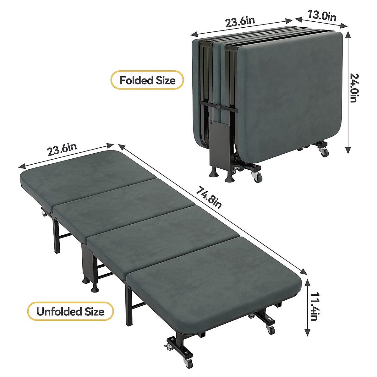 LEAIJIAFY Foldable Bed Sleeping Cot with Casters and 1.57" Latex Mattress,Temporary Bed Guest Rollaway Bed with Adjustable Backrest,Sturdy Metal Bed Frame,for Lunch Break Nap,Black,74.80" *23.62"