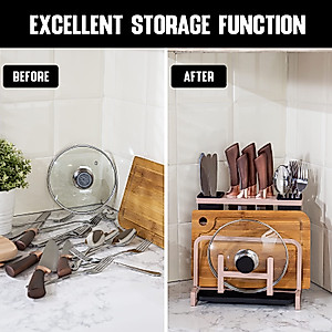 5 in 1 Knife Holder, Toooi Multifunctional Wall Mount Knife Blocks, Cutting Board Pot Lid Holder Countertop Organizer, Kitchen Storage Accessories, Tableware Flatware Caddy Utensil Holder, Pink