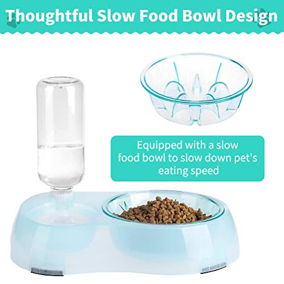 BINGPET Automatic Feeder Slow Food and Refill Water Bowl for Cat & Dog, Removable Automatic Water Dispenser and Slow Food Bowl, Non-Slip Pet Feeder Water Bowls for Cats and Puppies