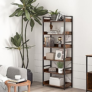 Giantex Industrial 6-Tier Bookshelf, 70" Tall Freestanding Storage Display Shelf with 4 Hooks, Anti-Tipping Device, Adjustable Foot Pads, Wooden Floor Open Display Shelving, Bookcase Shelf Rack