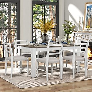 LUMISOL 7 Piece Dining Table Set, Solid Wood Extendable Kitchen Table Set with 12" Leaf and Storage Drawers, Farmhouse Style Dining Table and Upholstered Chairs Set of 6 for Dining Room, Brown+White