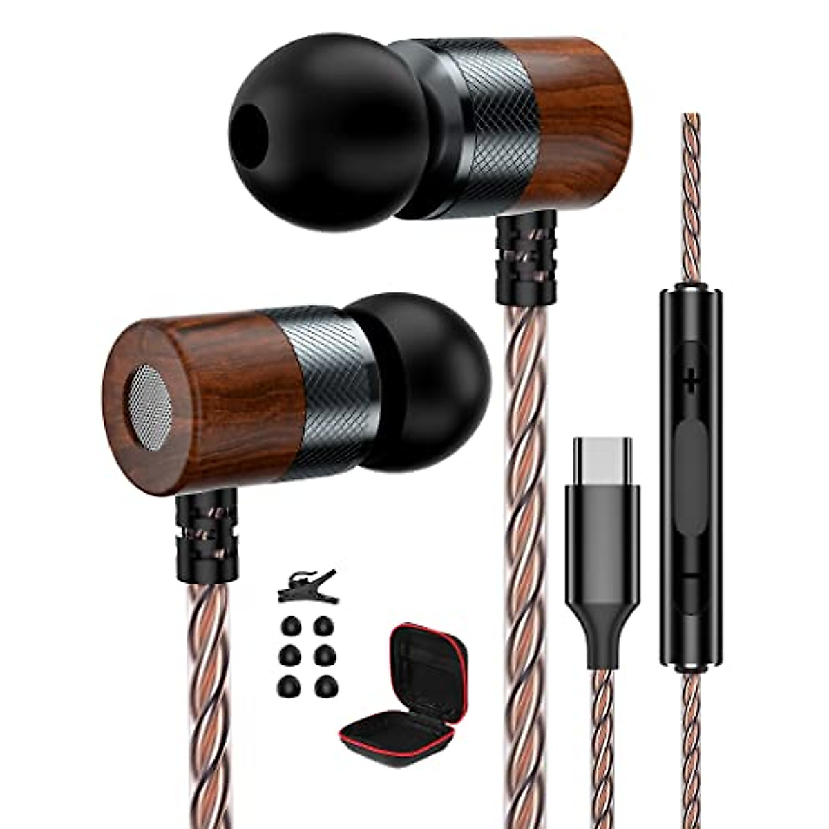 Wooden USB C Headphones for Galaxy S22 S23 Ultra S21 S20 FE Z Flip4 3, In-Ear Type C Earbuds Wired Earphones with Mic Noise Canceling Stereo Bass for Pixel 7 6 6a 5a 5 MacBook Air Pro iPad Air 5 Mini6