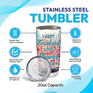 Hyturtle Personalized Gifts Shark Lover - I Just Freaking Love Sharks Customized Name Stainless Steel Tumbler 20 oz With Lid - Idea Cute Sea Animal Lover Gifts For Women, Girl On Birthday, Christmas