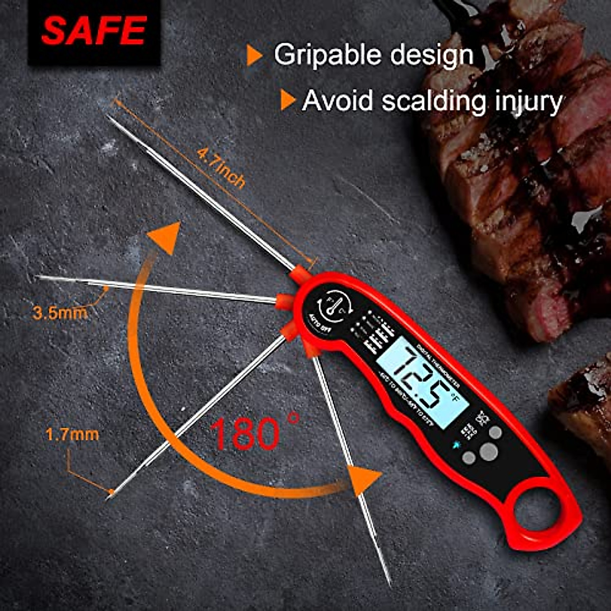 Meat Thermometer Digital for Cooking and Grilling, Collapsible Probe, with Magnet, Calibration, Backlight Waterproof Food Thermometer, Instant Read Thermometer for Kitchen, Meat, Steak, Turkey