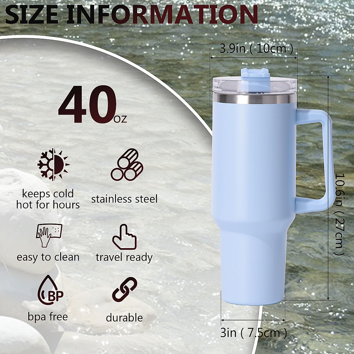 40 oz tumbler with handle, thermos cup with lid and straw, large metal sports kettle, hot stainless steel travel coffee cup (Sky Blue)