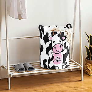 Black Lovely Cow Print Laundry Hamper Personalized with Name Canvas Waterproof Storage Bin with Handle for Kids Nursery Hamper Gift Baskets Home Organizer