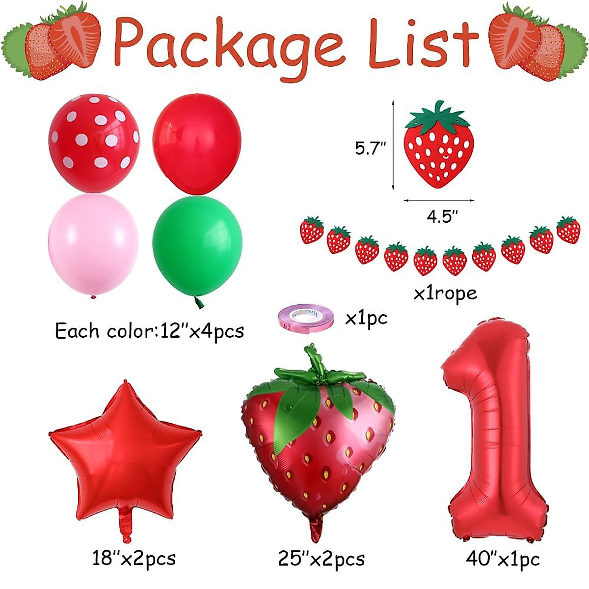 Strawberry Party Decorations Berry First 23PCS Red Pink Balloons with Strawberry and Number 1 Foil Balloons Strawberry Banner for 1st Sweet One Birthday Baby Shower Party Supplies