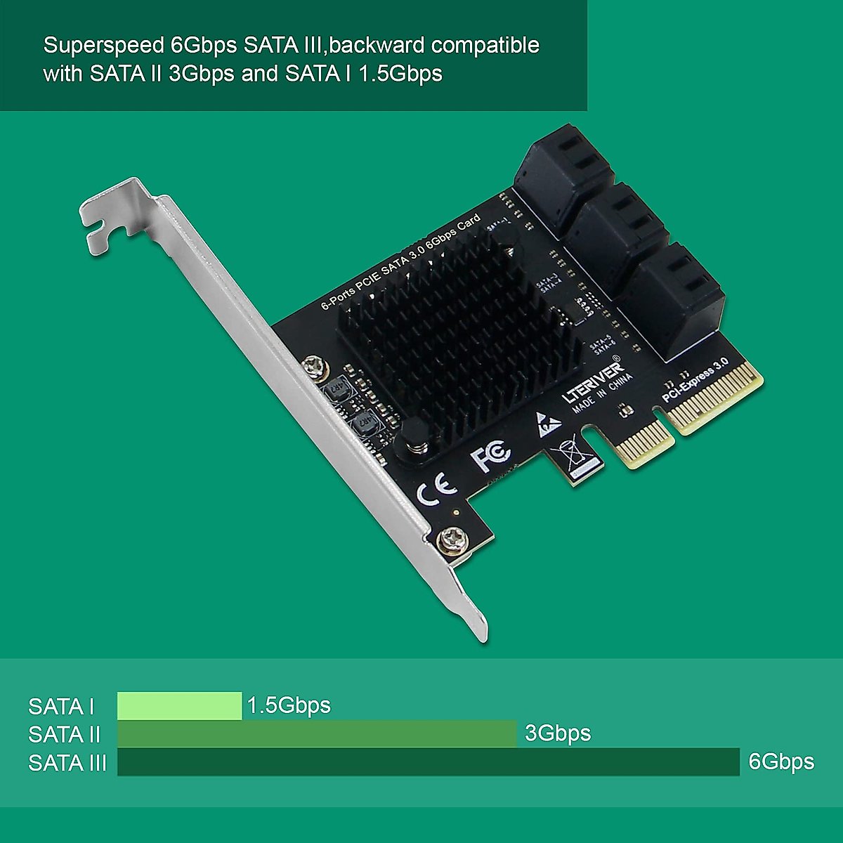 LTERIVER PCI Express X4 to 6-Ports Serial ATA/SATA 3.0 Host Controller Card- Plug and Play on Windows OS, MAC OS and Linux Systems-6X 6Gbps Max SATA 3.0 None Raid Ports-Support AHCI Boot Up (PCE-G2S6)