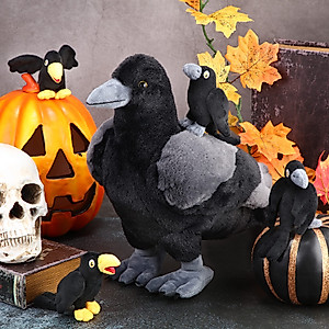 HyDren 5 Pcs Black Bird Plush Toy Set 14 Inch Large Realistic Mommy Bird Stuffed Animal with 4 Small Babies Plushies in Zippered Tummy for Holiday Birthday Party Favors Decor(Crow)