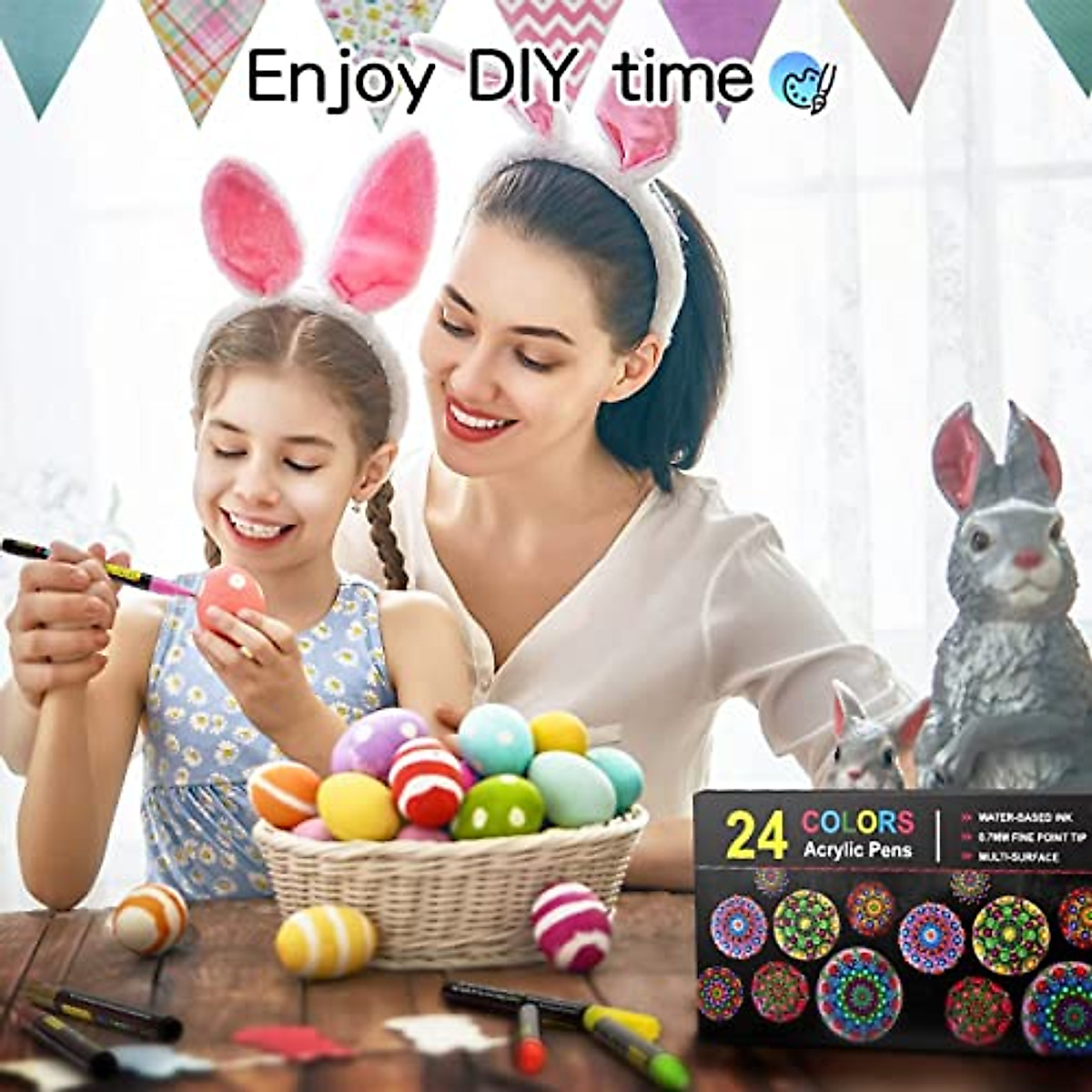 Acrylic Paint Pens,Emooqi Marker Pens for DIY Craft Projects Waterproof Paint Art Marker for Rock Painting, Ceramic, Glass,Canvas,Mug,Wood,Metal-0.7mm fine tip (24 PCS)