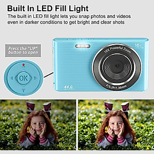 eDealz 44MP Digital Camera Compact Point & Shoot Camera, 16X Zoom, 32GB SD Card, Card Reader 6" Tripod and 6PC Card Holder Kids Camera 2.4" Screen, Vlogging Camera for Teens, Kids, Adults (Blue)