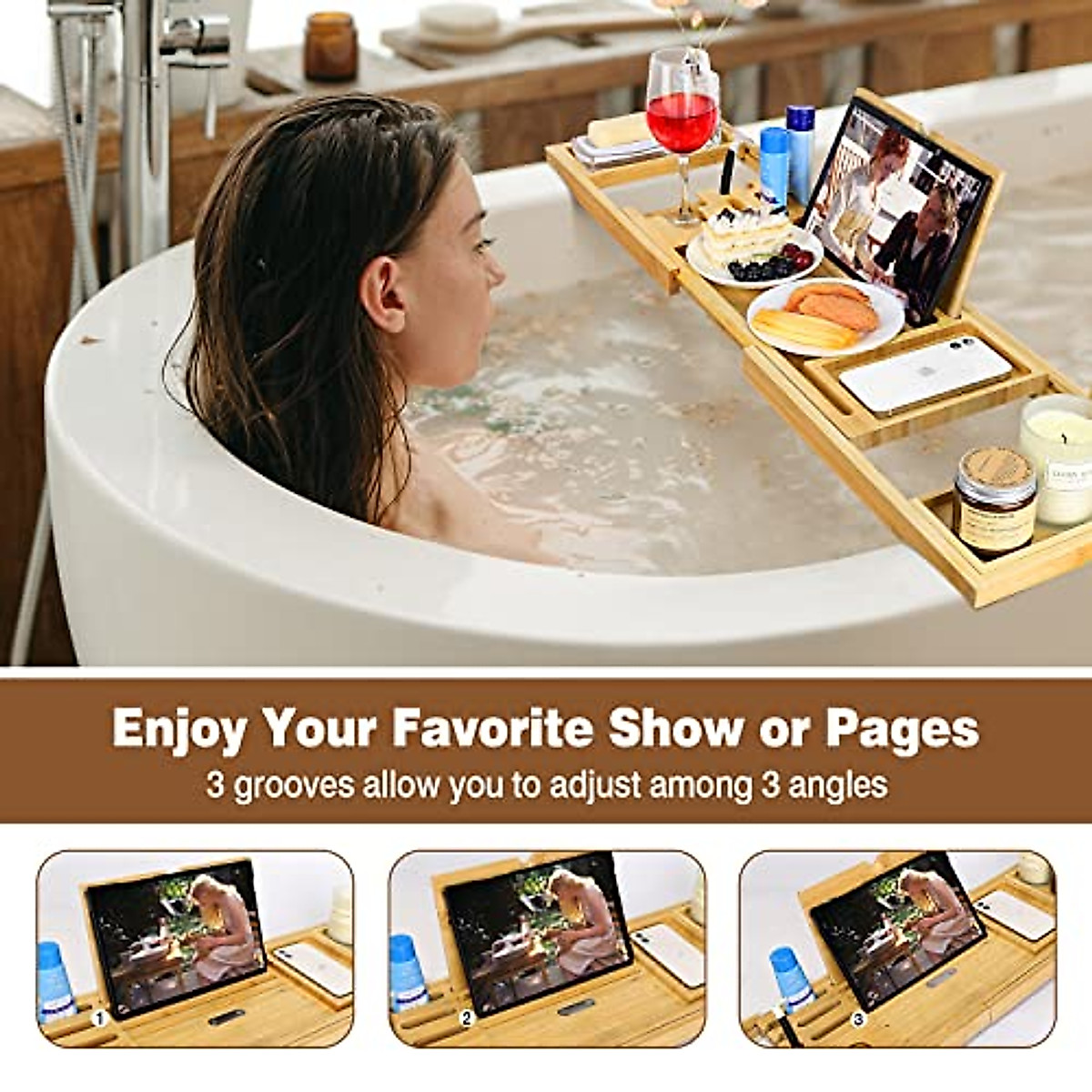 MoKo Foldable Bathtub Tray, Bamboo Bath Tray Expandable Bath Table Caddy for Luxury Bath to Hold Book, Phone Tablet, Wine Cup, Soap - Shower Gift for Women/Lovers