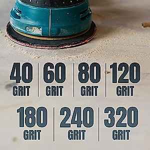 POWERTEC 45204, 40 Grit, 6 Inch 6 Hole Hook and Loop Sanding Discs, Sandpaper for Random Orbital Sander, Air Sander, Pneumatic Sander, Dual Action Sander, 25PK