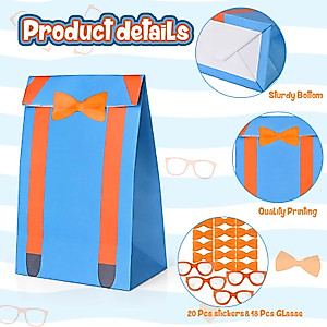 18Pcs Orange Blue DIY Gift Bags Goodies Candy Treat Bags with 18Pcs Orange Paper Glasses and Bow Tie Stickers Party Favors Bags for Birthday Baby Shower Fireman Construction Worker Party Supplies