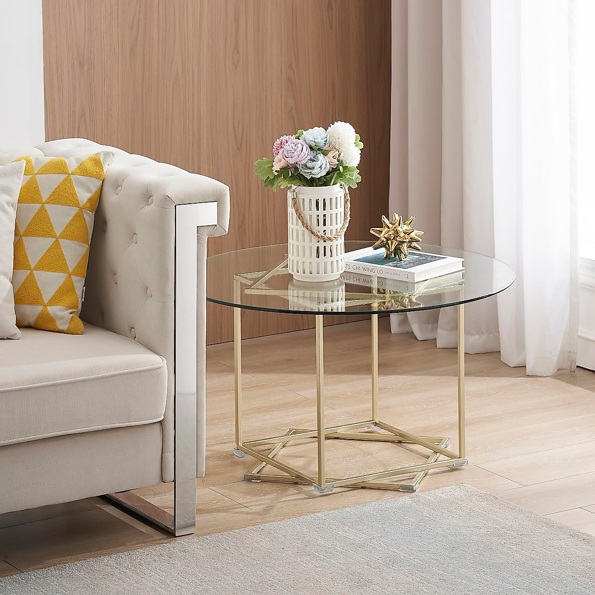 Round Coffee Table Glass Coffee Tables for Living Room Modern Gold Metal Steel Frame & Protective Foot Pads Small Coffee Table for Small Space Home Office Bedroom