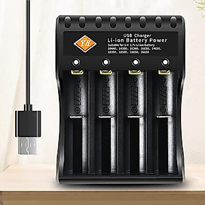 18650 Battery Charger 4 Bay Smart Universal USB Charger for 3.7V Rechargeable Lithium Li ion Batteries Compatible 18650 26650 21700 10400 14500 16340 16650 18500 Battery Charger（No Battery