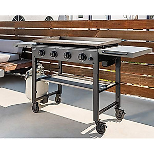 Megamaster 720-0786F Outdoor Portable Cooking 4-Burner Propane Gas Griddle Grill, Flat Top for Camping, Outdoor Cooking, Patio, Garden, Cart with Caster, Side Shelves with Hooks, Black and Grey