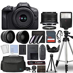 Canon EOS R100 Mirrorless Digital Camera Body Black with Canon RF-S 18-45mm f/4.5-6.3 is STM Lens 3 Lens Kit with Complete Accessory Bundle + 128GB + Flash & More - International Model (Renewed)