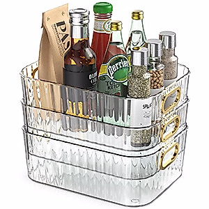 FATMOON Set of 3 Clear Pantry Organizer Bins, Stackable Plastic Food Storage Basket with Handle for Organizers Kitchen Refrigerator Fridge Bathrooms Countertops