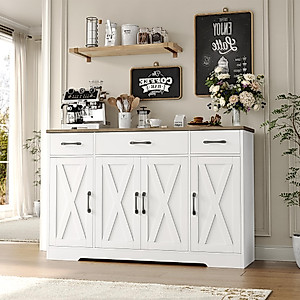 HOSTACK Buffet Cabinet with Drawers, 55" Large Sideboard Buffet Storage Cabinet with Shelves and Doors, Modern Farmhouse Coffee Bar Cabinet Wood Buffet Table for Kitchen, Dining Room, White/Rustic